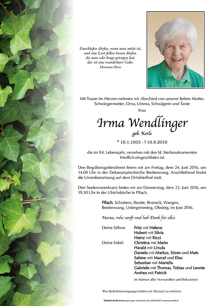Irma Wendlinger - Bestattung LONGO