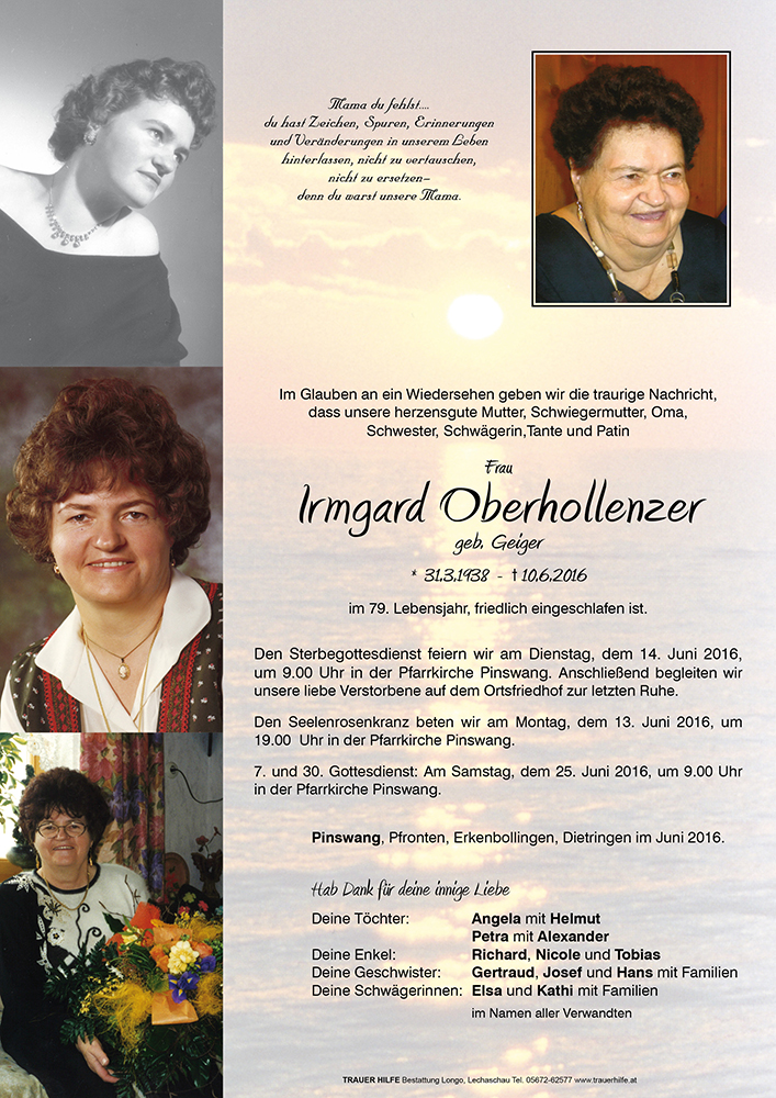 Irmgard Oberhollenzer - Bestattung LONGO