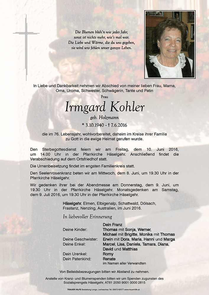 Irmgard Kohler - Bestattung LONGO