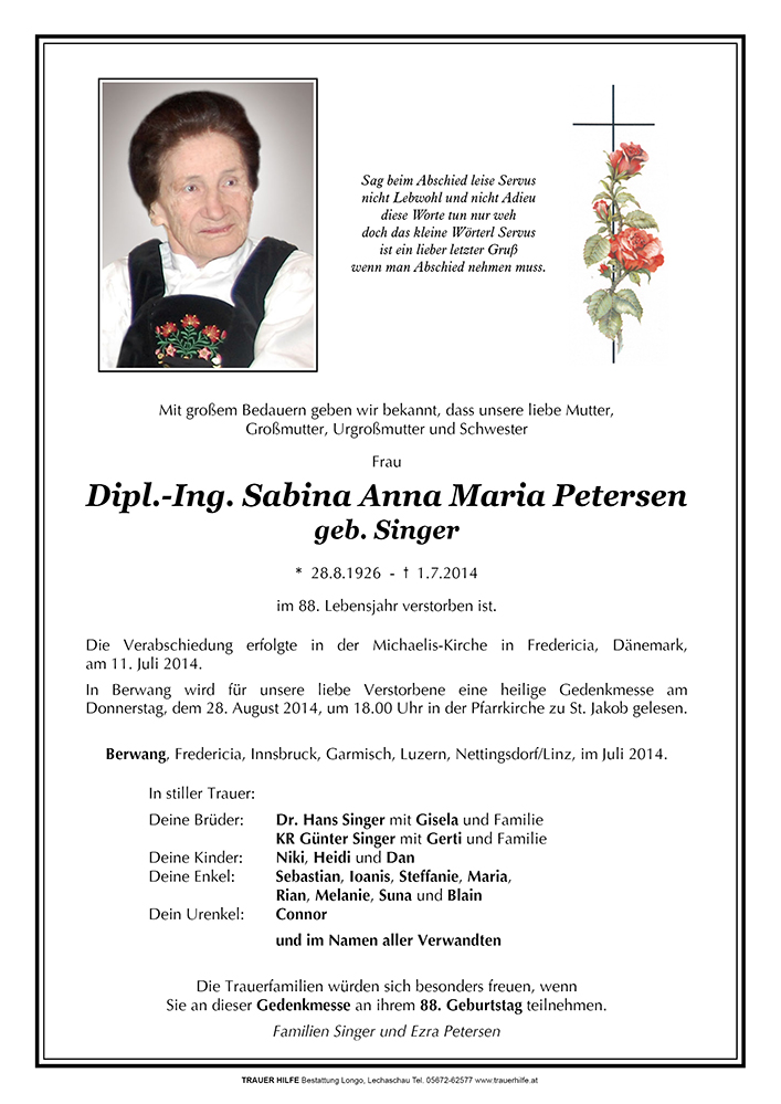 Sabina Anna Maria Petersen - Bestattung LONGO