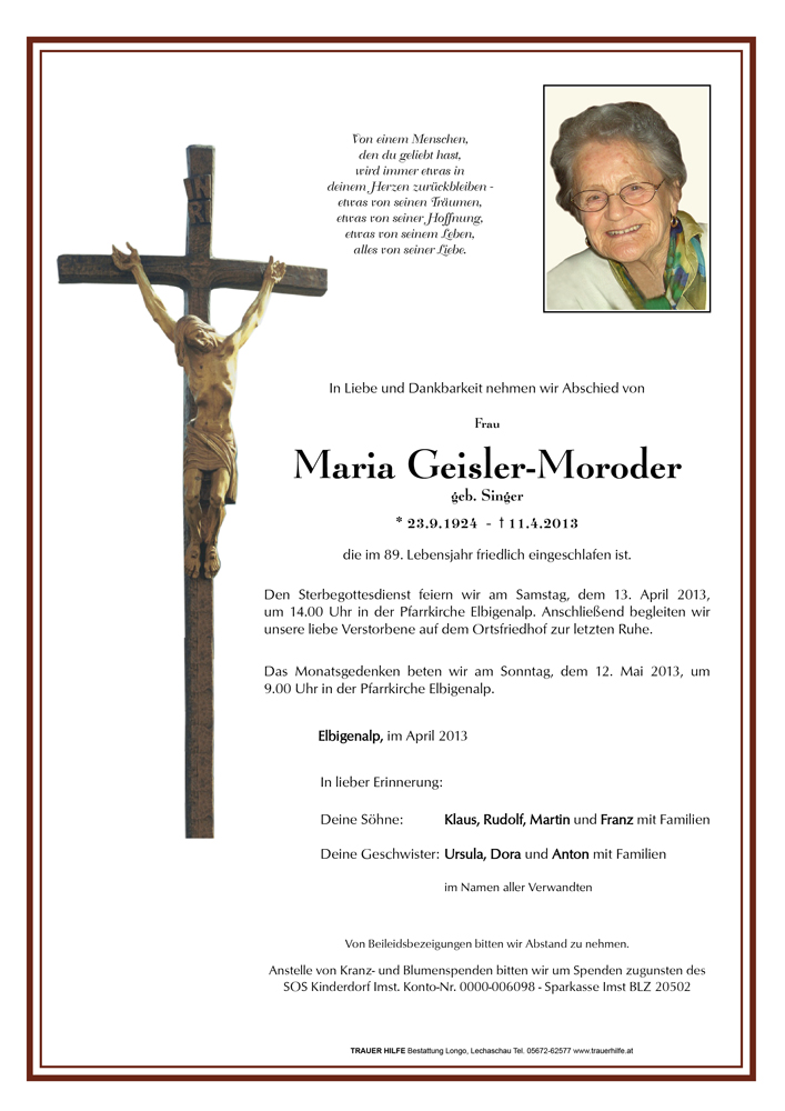 Maria Geisler-Moroder - Bestattung LONGO